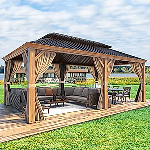Erinnyees 12' x 20' Aluminum Wood Grain Hardtop Gazebo, Outdoor Aluminum Double Roof with Privacy Curtain and Mosquito Net for Patio, Lawn, Garden, Deck(Wood Looking)