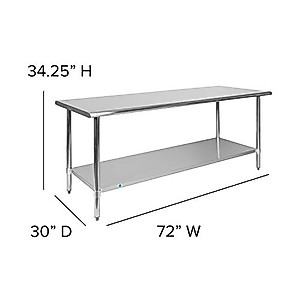 Flash Furniture Stainless Steel 18 Gauge Prep and Work Table with Undershelf - NSF Certified - 72" W x 30" D x 34.5" H