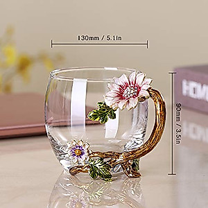 JY-Danbady Enamel Sunflower Crystal Lead-Free Glass Tea Cup with Spoon Set, Present for The Christmas, Valentine's Day.Best Present for Mother, Grandma, Girlfriend, Sister.