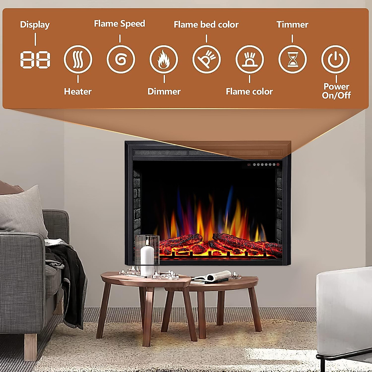 Havato 36 inch Electric Fireplace Inserts, Recessed Electric Stove Heater with Adjuatble Flame Colors, Log Colors, Flame Speed and Brightness, Remote Control & Time,750W/1500W