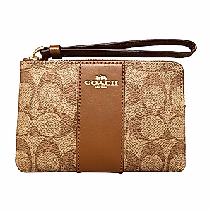 COACH SIGNATURE PVC LEATHER CORNER ZIP WRISTLET, Medium, Khaki/Saddle