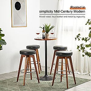 Glitzhome Swivel Bar Stools Set of 4, Round Backless Leather Padded Seat and Veneer Walnut Composite Wood Legs Finish Modern Accent Chair for Home Kitchen Island, Balck