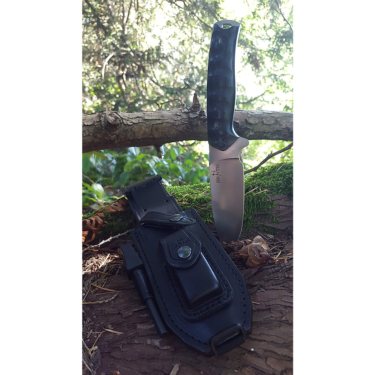 JEO-TEC Nº21 Bushcraft Survival Hunting Tactical Knife - BOHLER N690C Stainless Steel, Multi-positioned Leather Sheath, Sharpener Stone & Firesteel included - Handmade