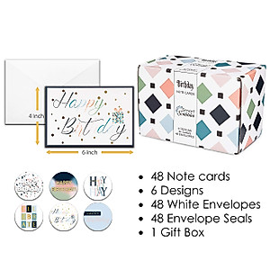 smart scribbles Happy Birthday Cards - 48 assortment Birthday Cards with Envelopes and Stickers - 4x6 Birthday Cards with Gold Foil - 6 Cards and 6 Stickers of Each Design - Total of 48