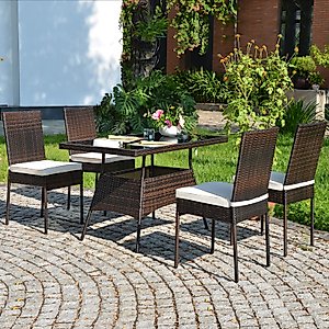 Toolsempire 5 Pieces Patio Wicker Dining Set Outdoor Furniture, Outdoor Rattan Table and Chairs with Tempered Glass Table-top & Padded Cushions, Patio Furniture Sets for Backyard, Balcony(Brown)