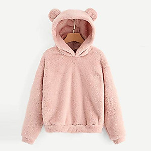 Womens Casual Hooded Sweatshirt Loose Drawstring Pullover Hoodies Long Sleeve Solid Bear Ear Sweatshirt Tops