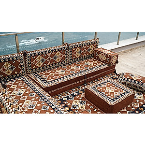 Brown Livingroom Cushions, 8" Thickness Corner Floor Seating Set, L Shaped Floor Couch, Sectional Sofa Set, Floor Pillows, Arabic Majlis, Sofa Bed (L Sofa Full Set)