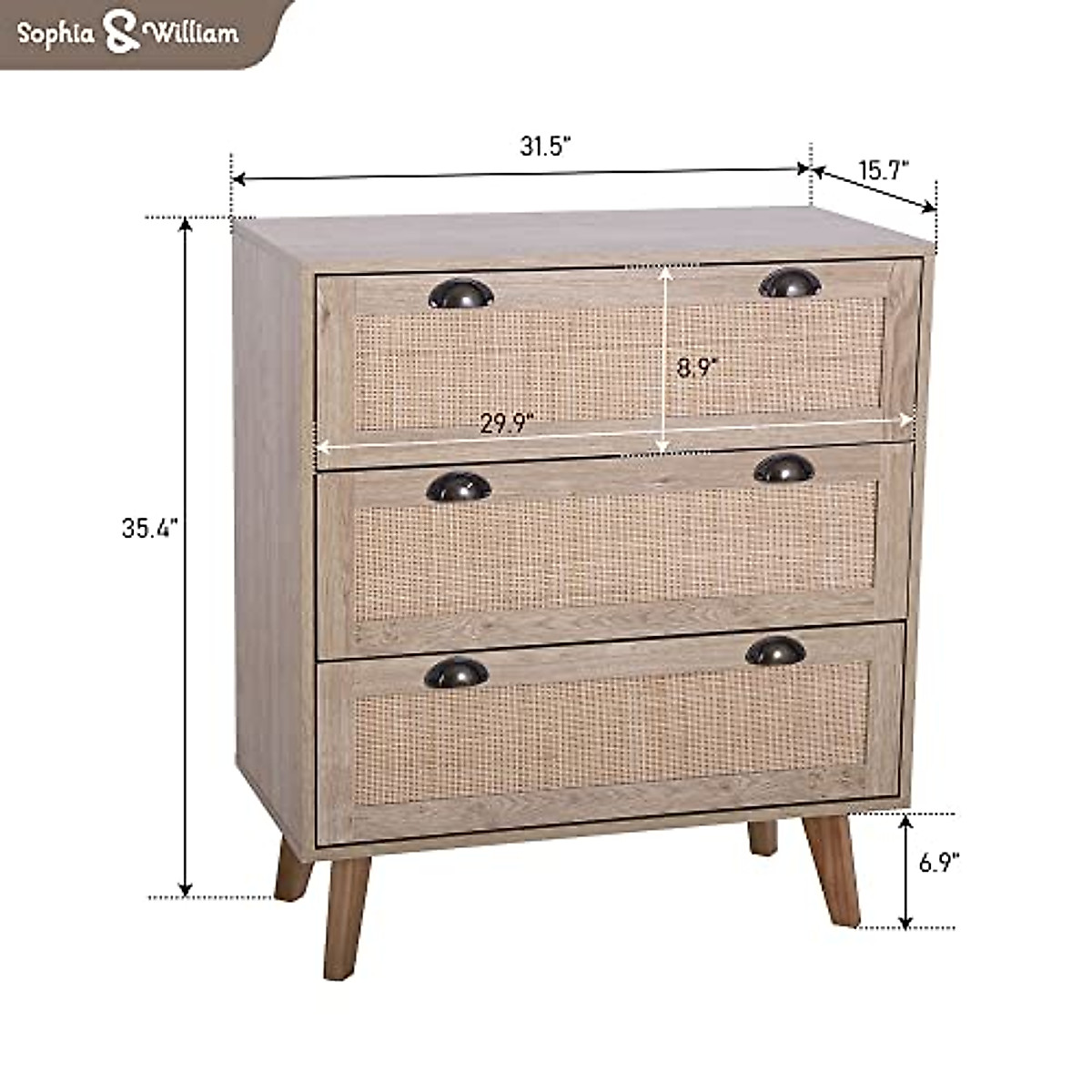 Sophia & William Rattan Cabinet Boho Dresser 3-Drawer Chest of Drawers/Accent Storage Cabinet/Nightstand for Bedroom Living Room