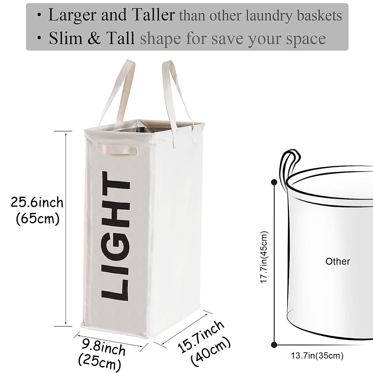Haundry 2 Pack Light and Dark Laundry Hamper with Extended Handles, 2Pcs/Set Tall and Slim Separator Laundry Baskets, Large Foldable Laundry Organizer for Clothes, Beige