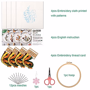 ojindiy 4 Sets Embroidery Kit Starter with Pattern and Instructions, DIY Beginner Starter Cross Stitch Kit Include 1 Embroidery Hoop, Needlework for Adults (Flower-Happy time)