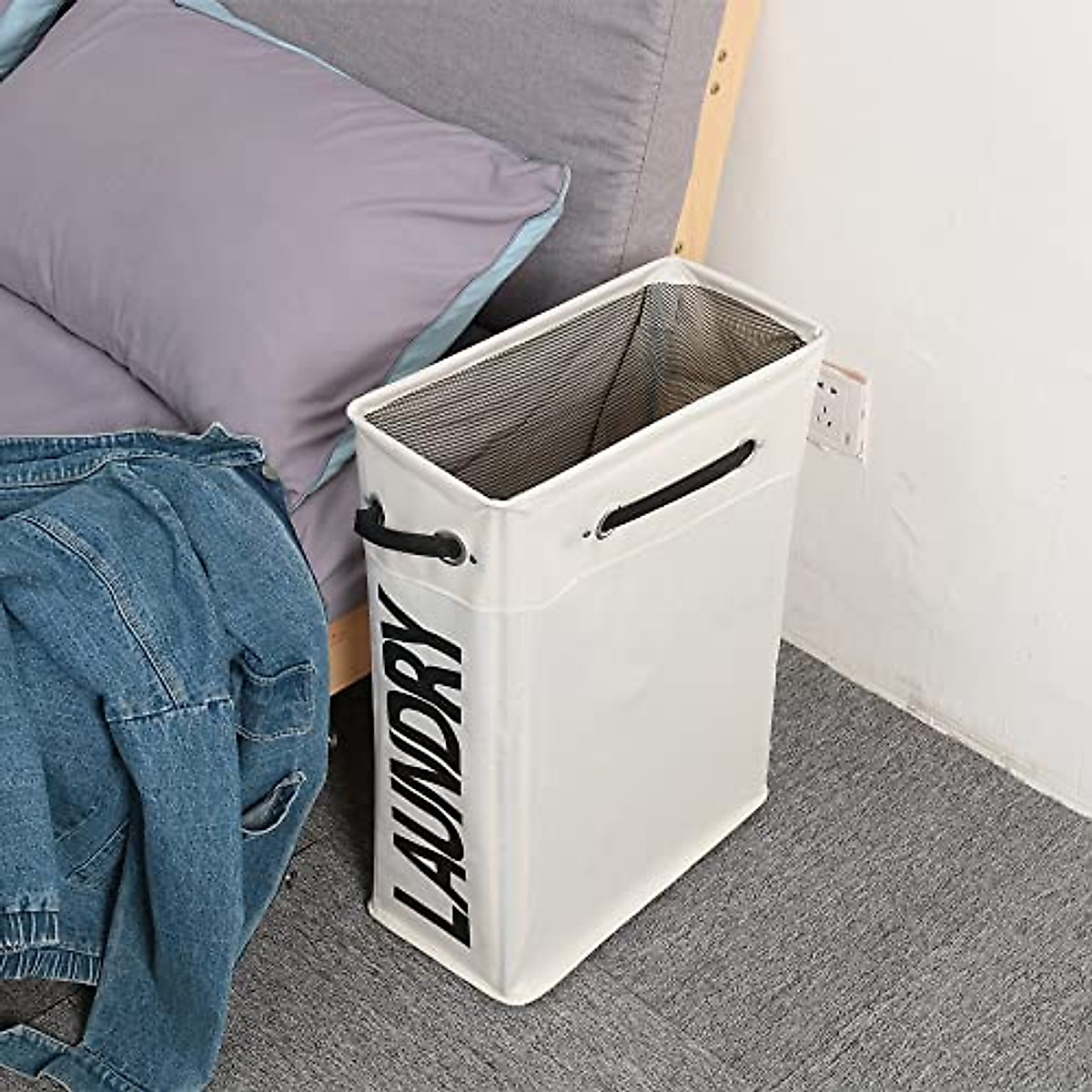 Comfortez Slim Laundry hamper with handles Portable Narrow cloth hamper Skinny laundry hamper Waterproof Clothes hamper Fabric baskets for laundry（Beige）