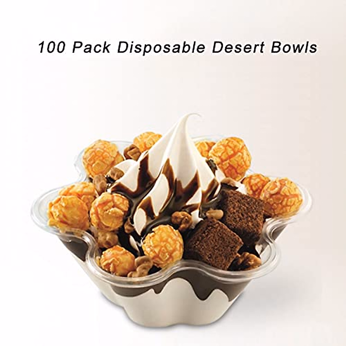 SOUJOY 100 Pack Ice Cream Cup, 8.5Oz Clear Flower Shape Appetizer Bowl, Disposable Plastic Dessert Serving Bowl for Sundae, Chocolate, Appetizers