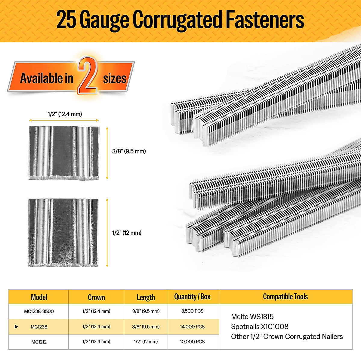 meite MC1238 1/2-Inch Crown Wide by 3/8-Inch Length Micro Corrugated W Fastener Staples 14,000 Pieces/Case