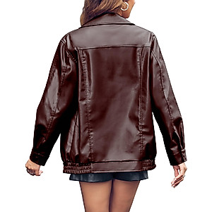 Miladusa Oversized Bomber Jacket for Women Zip Up Solid Color Leather Jackets with Pockets Dark Brown XL