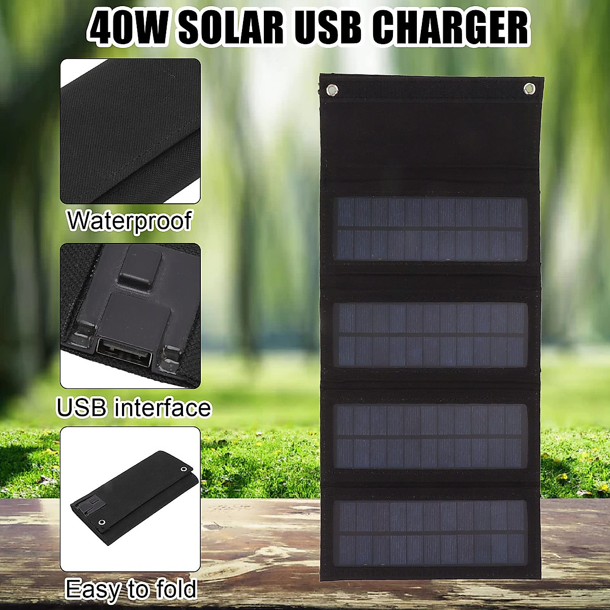 Bank, 40W 4 Fold Solar Panel Charging Bag Folding Bag Foldable Charger for Outdoor Camping Hiking Emergency Charging (Black)