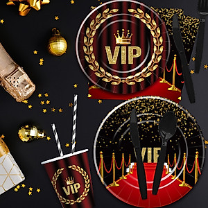 Xenorik VIP Party Decorations Tableware - Movie Star Red Carpet Birthday Party Supplies, Plate, Cup, Napkin, Tablecloth, Cutlery, Film Show VIP Pass Red Carpet Activity Prom Party Supplies | Serve 24
