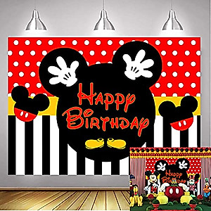 BINARY, Betta Mickey Mouse Photo Backdrop Mickey Happy Birthday Backdrop Red Black Stripes Dots Cartoon Mouse Backdrops for Baby Birthday Party Cake Table Background 6x4ft