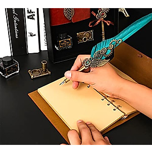 Jubapoz Feather Pen Calligraphy Pen and Ink Set Antique Quill Pen Refillable Ink Dip Pens for Writing, Drawing, Signature, Wedding, Birthday Gifts, Retro Decoration (Green)