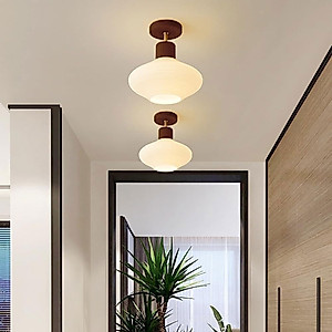 TONFON Indoor Ceiling Lamp with Glass Shade Vintage Wood Ceiling Light Semi-Flush Mount Ceiling Light Fixture for Living Room Bedroom Dining Room Kitchen Hallway Entry Foyer Pendant Lamp