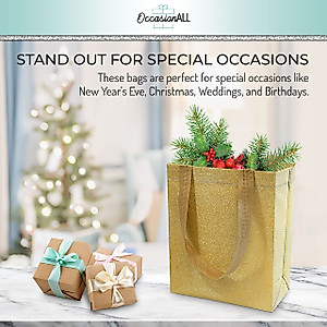 Gold Gift Bags - 12 Pack Medium Reusable Gift Bag Tote with Handles, Holographic Glitter Design, Eco Friendly for Christmas & Holiday Gifts, Birthday, Wedding & Party Favors, in Bulk - 8x4x10