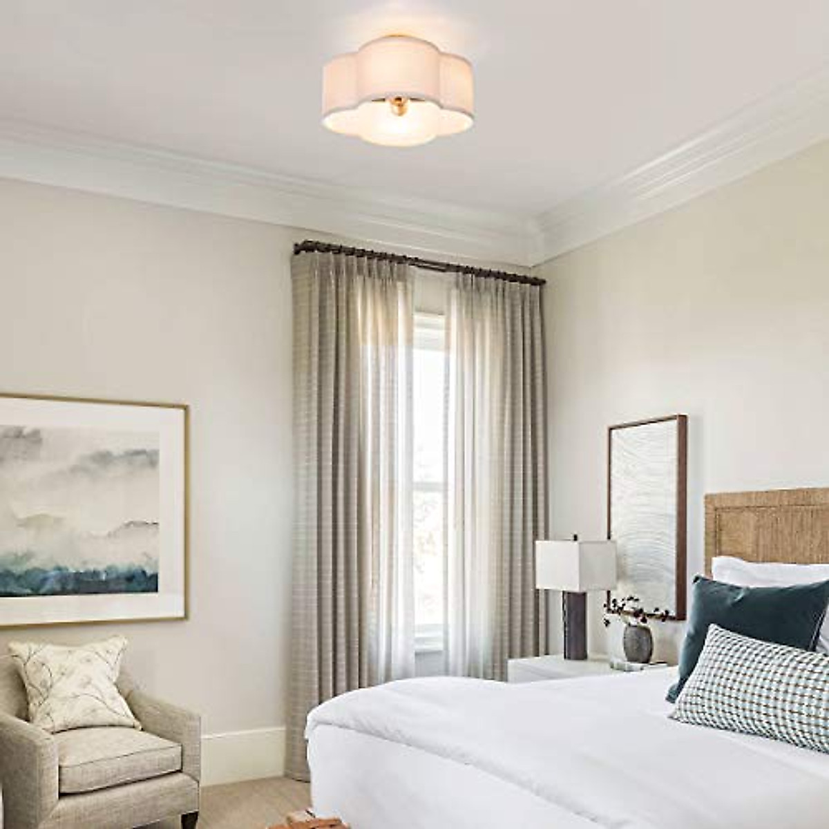 VILUXY Semi-Flush Mount Ceiling Light Fixture Cream White Fabric Drum Shade Antique Brass Brush Paint Finish for Bedroom, Dining Room, Corridor, Living Room 13.77" 4-Light