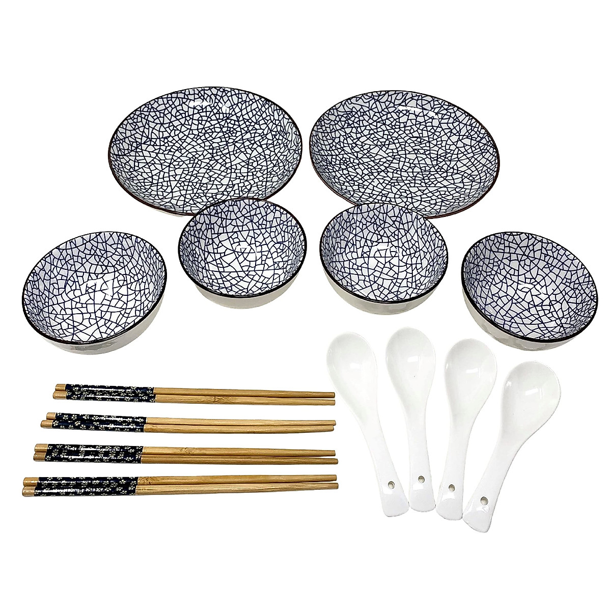 TJ Global 14-Piece Japanese Asian Cuisine Bowl Set with 4 Bowls, 4 Pairs of Chopsticks, 4 Soup Spoons and 2 Deep Plates for Serving Dinner, Rice, Soup, Dessert, Salad, Etc.