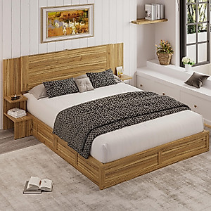 Queen Bed Frame with Rechargeable Nightstand, Wooden Platform Bed with Headboard, Sturdy and Noiseless, No Box Springs Needed, Easy to Assemble, Rustic Wood