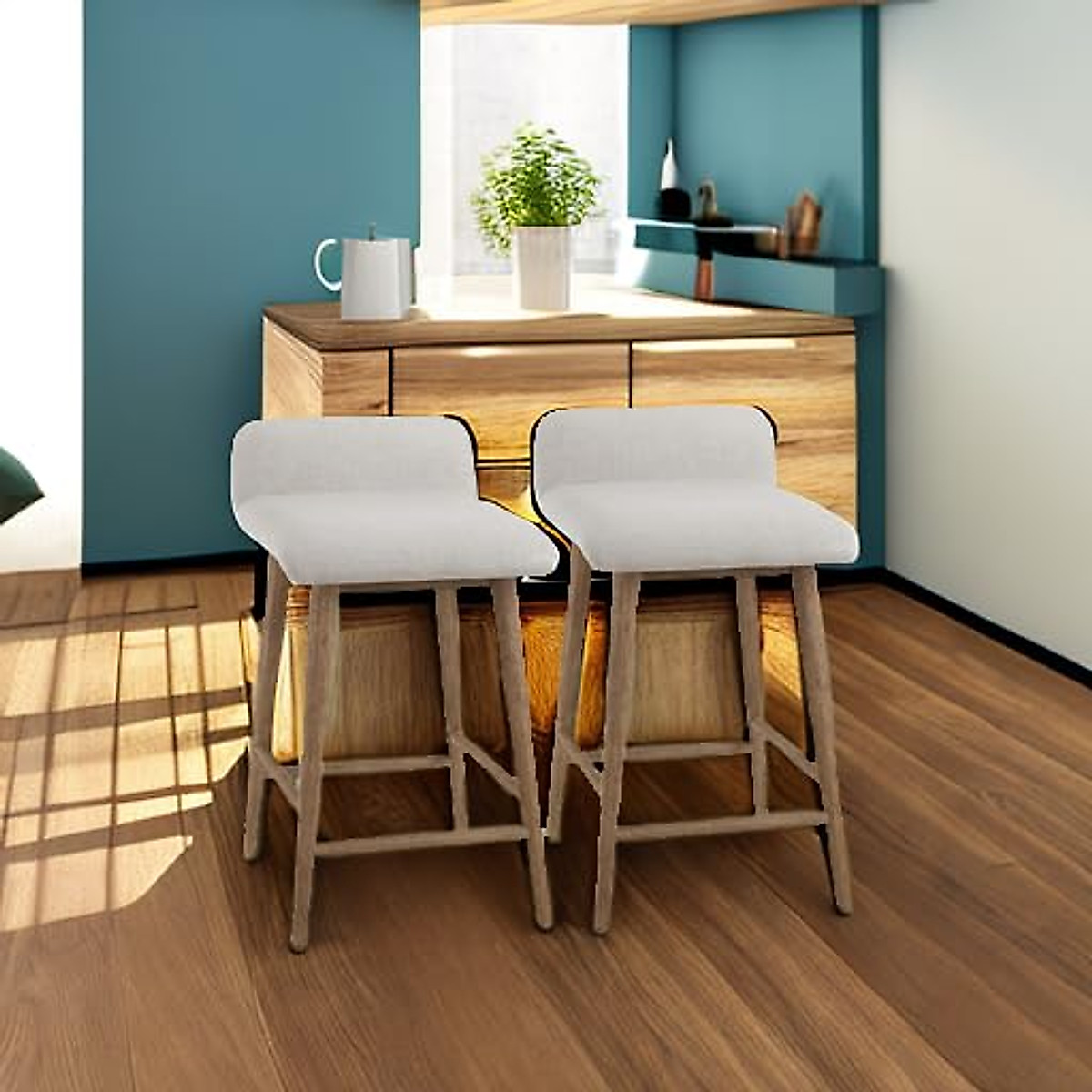 Ball & Cast Upholstered Counter Height Bar Stools 24 inch Kitchen Wooden Stool Chairs Set of 2, Linen