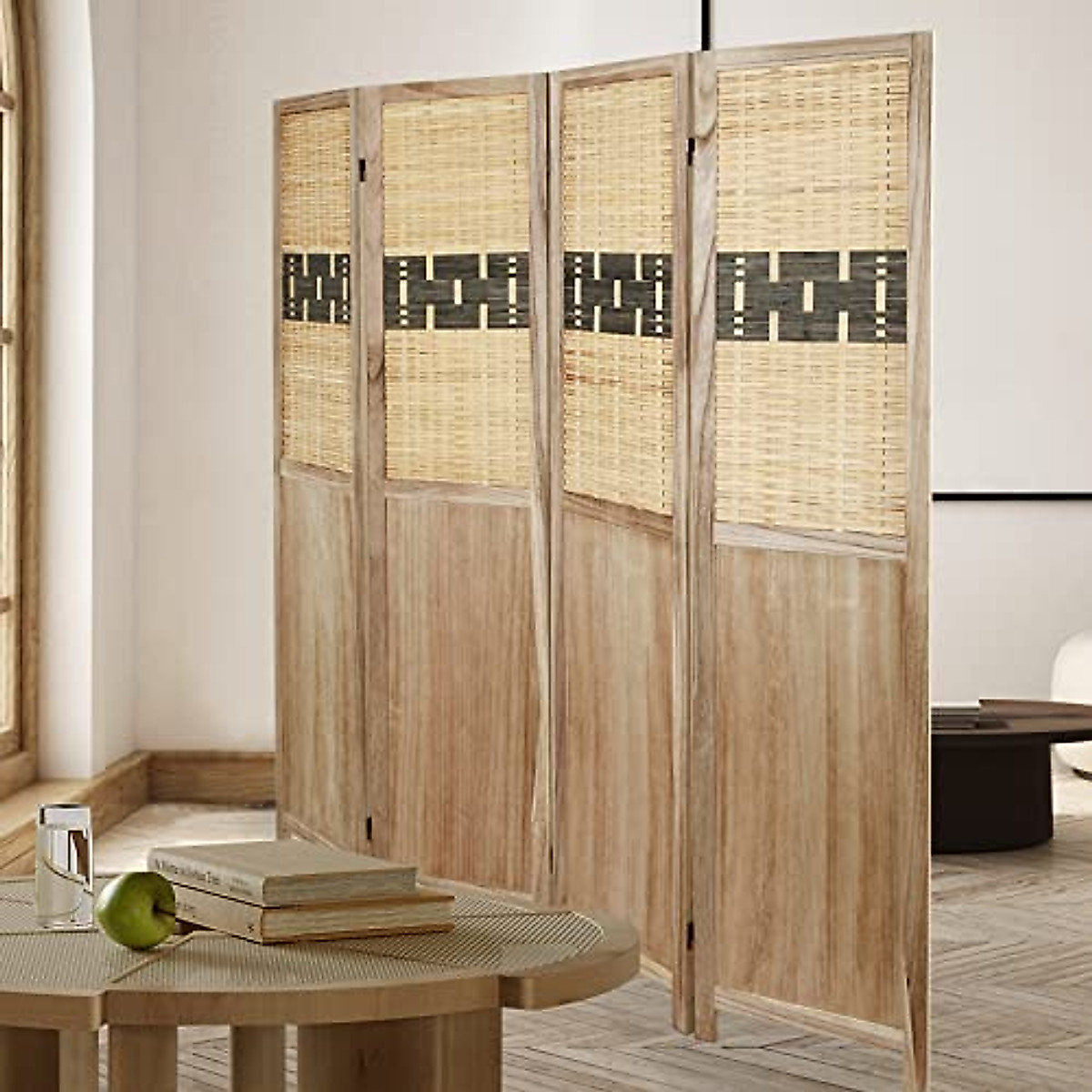 Babion 4 Panel Room Divider, Grass Willow Hand-Woven Screen, Room Dividers and Folding Privacy Screens, Modern Wall Dividers Room Bedroom Decoration, Dividers for Home Office -Brown and Black