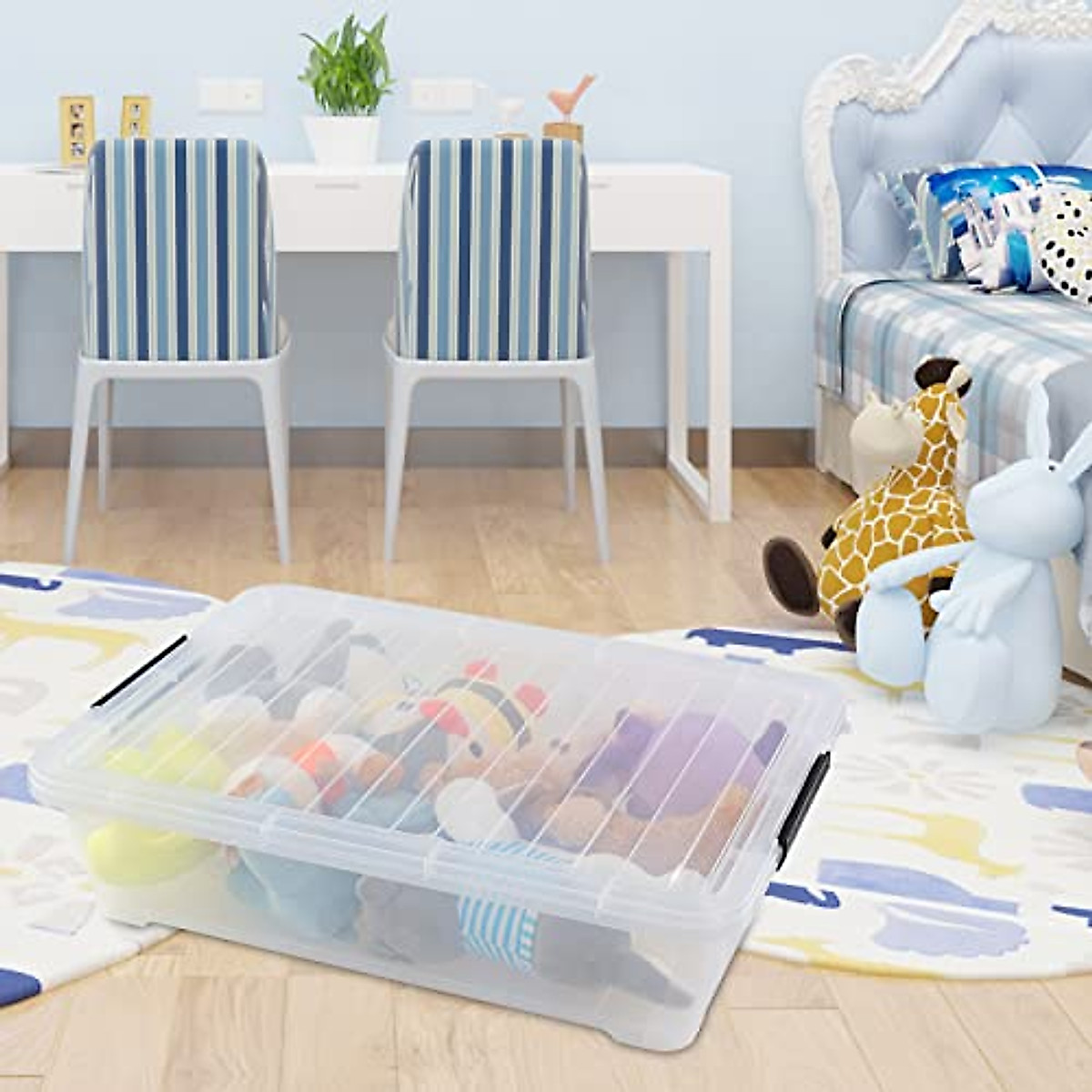 Saedy 4 Pack 40 Qt Plastic Underbed Storage Container Box with Wheels, Clear