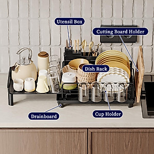 Fixwal Large Dish Drying Rack Expandable Dish Rack for Kitchen Counter, Rust-Resistant Metal Dish Drainer with Cup Holder, Cutlery Holder and Utensil Holder, Black