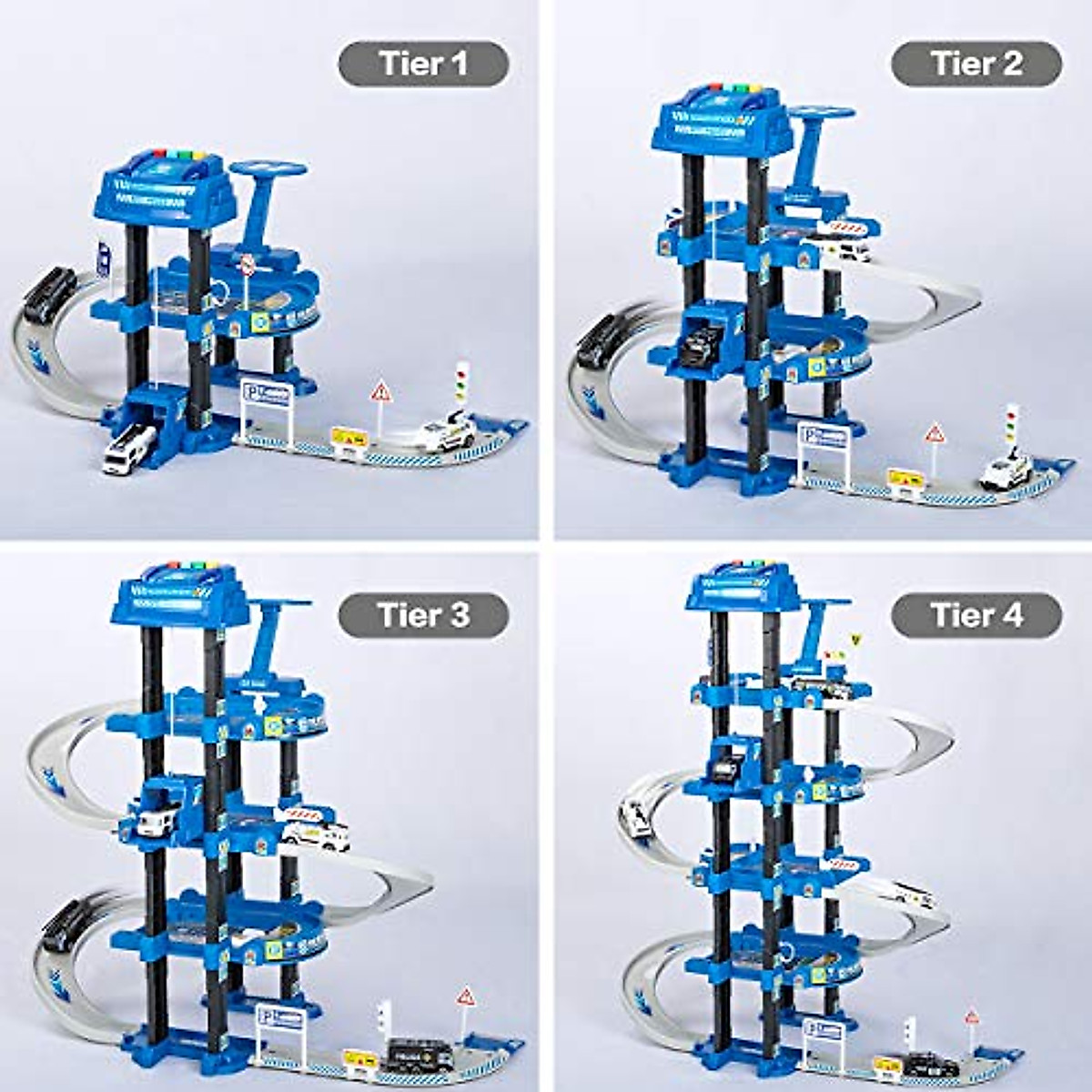 UNIH Kids Garage Toy Set, Toy Vehicle Garage for Toddlers, Race Car Ramp Track Toy, Parking Garage Playset Toy with Play Mat(Blue)