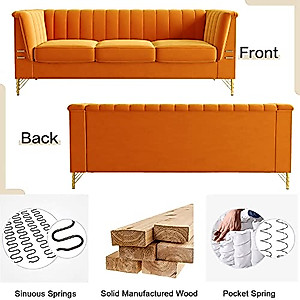 Kadway Velvet Sofa Couch for 3-4 Persons, 83" Mid-Century Modern Couch with Gold Metal Legs, Chesterfield Sofa 3 Seater Sectional Couches, Large Load Sofa Couch for Living Room Office Hotel Orange