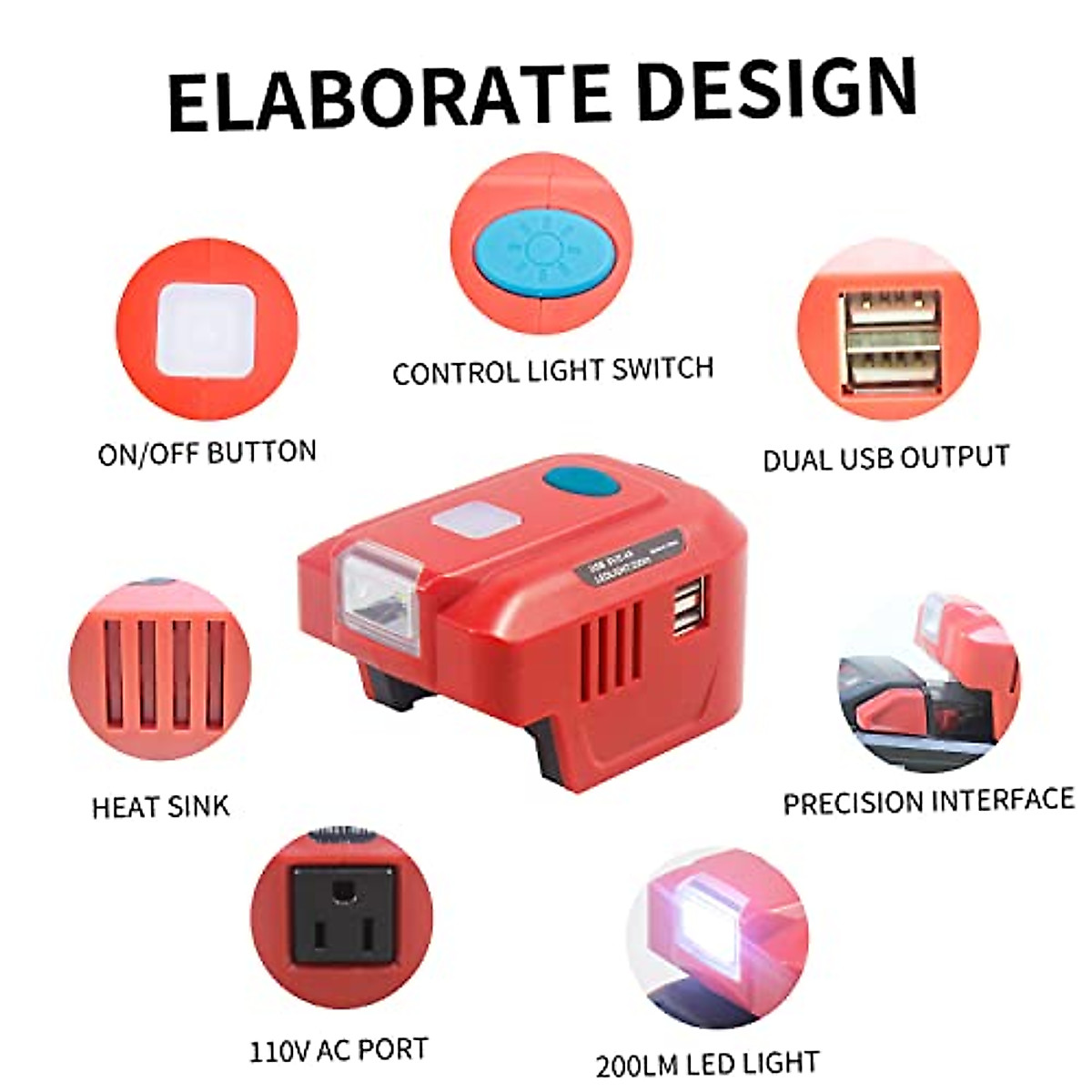 Fiihio 150W Portable Power Inverter Compatible with Milwaukee 18V Lithium Battery,with AC Outlet Dual USB and 200LM LED 18V DC to 120V AC for Tool Room,Garage,Camping etc(Batteries not Included)