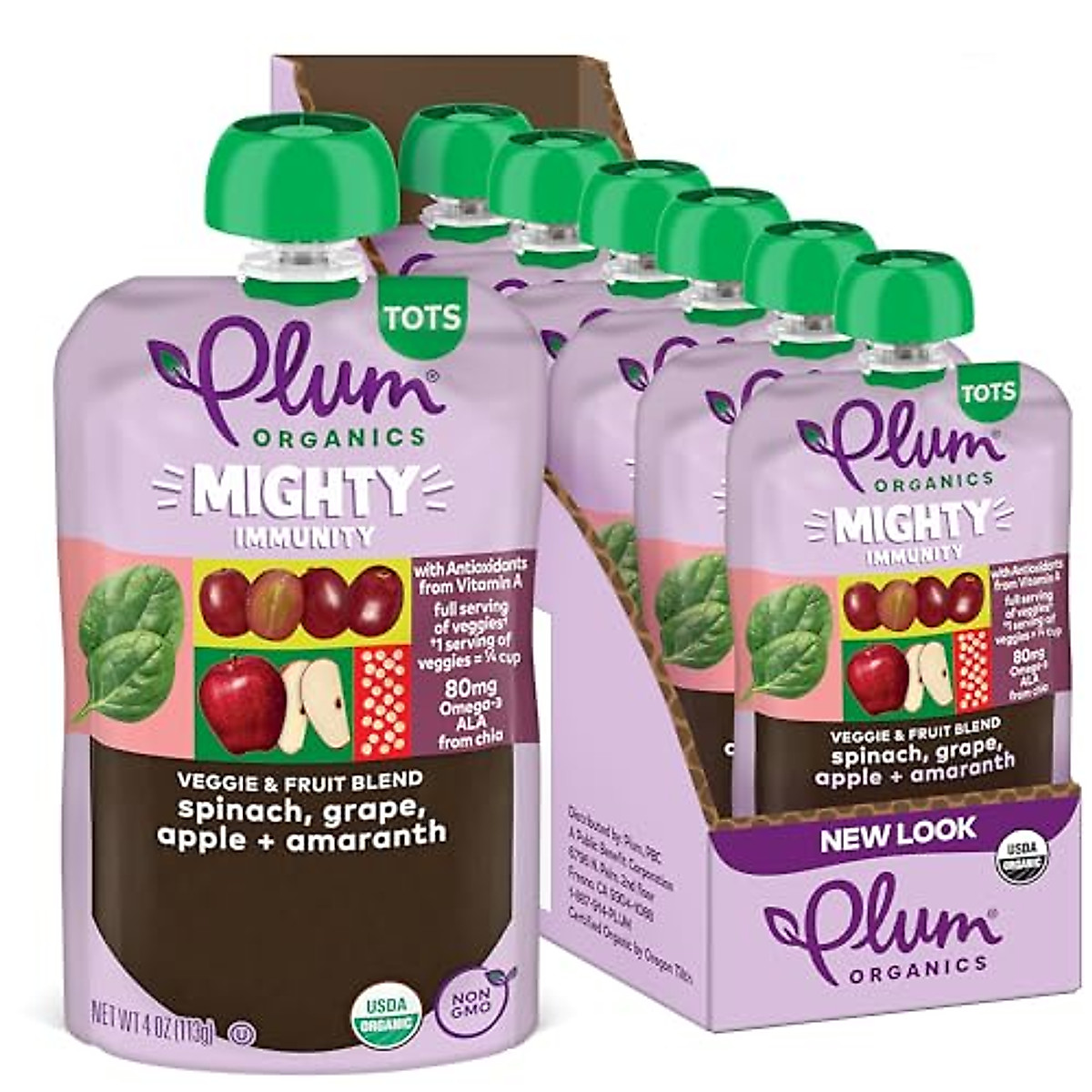 Plum Organics Mighty Veggie Blends Organic Baby Food Meals [12+ Months] Spinach, Grape, Apple & Amaranth 4 Ounce Pouch (Pack Of 6) Packaging May Vary