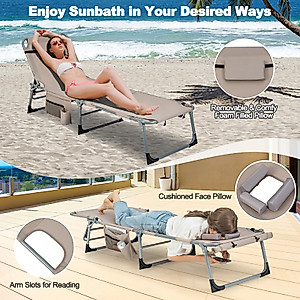 Tangkula Beach Lounge Chair, Outdoor Folding Tanning Chair with Face/Arm Hole, 2 Carry Handle, Pillow, Adjustable Backrest, 400 LBS Face Down Sunbathing Chair for Outside Beach Poolside