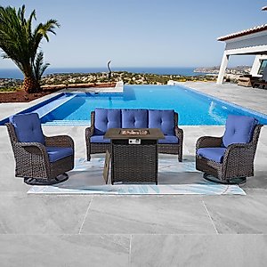 Patio Furniture 4 Piece, All-Weather PE Wicker Outdoor Furniture Set with Fire Pit Table,Outdoor Patio Furniture with Swivel Rocking Chairs