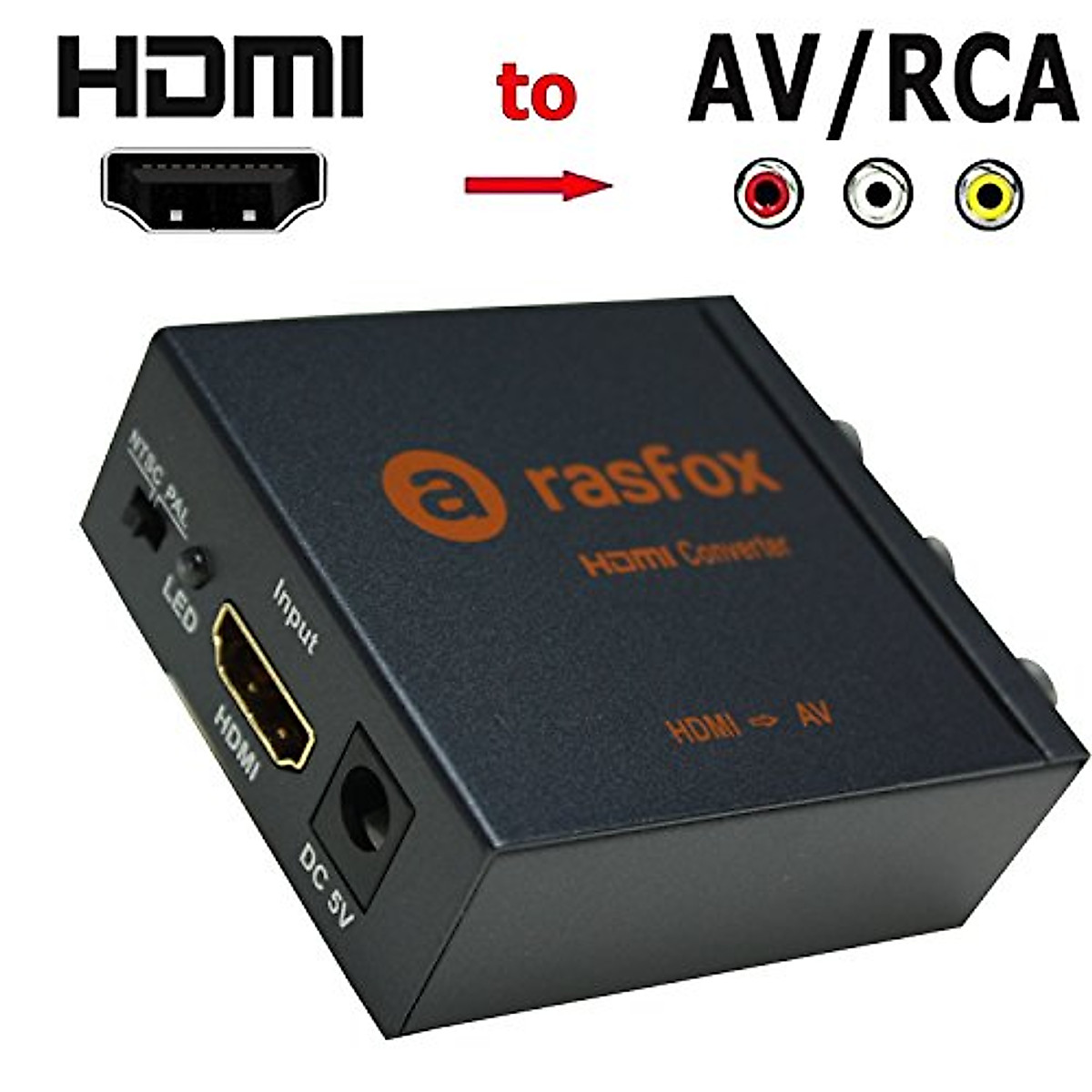 Rasfox Powered HDMI to AV/RCA Converter, 1080p HDTV HDMI to Composite RCA Audio Video A/V CVBS Adapter Converter Box with Power Adapter, High-end Metal Box with 1 Year Warranty