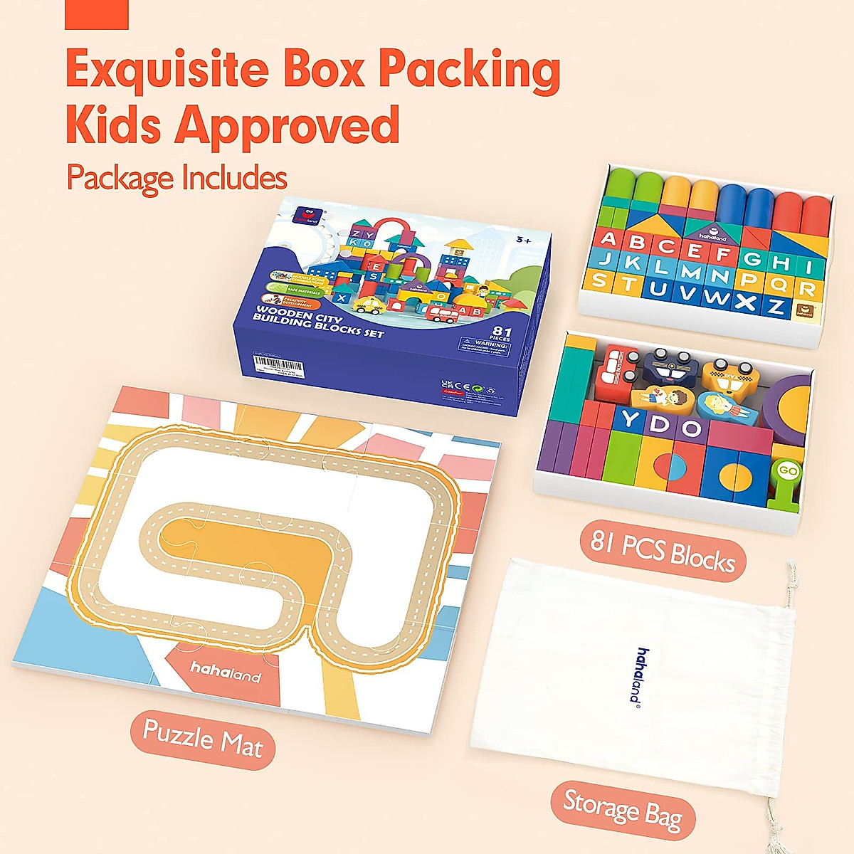 hahaland Wooden Blocks - Building Blocks Set with Number Alphabet Letter Car - City Construction Stacking Toddler Toys Montessori Toys for 3 Year Old Girls Boys Kids Building Toys for Ages 3-4-5-6