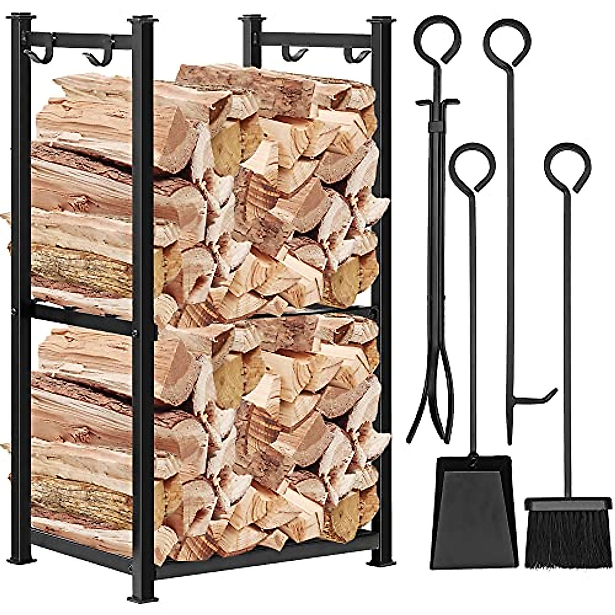AMAGABELI GARDEN HOME Garden Home Firewood Rack Indoor with Fireplace Tools Set Log Holder Wood Rack Outdoor Log Rack Storage Tongs Poker Brush Shovel Bin Stacking Black Wrought Iron Accessories Kit