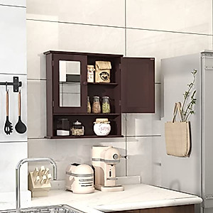 TaoHFE Brown Medicine Cabinets for Bathroom with Mirror 2 Doors 3 Open Shelf Bathroom Hanging Cabinet Wall Mounted Wooden Bathroom Storage Cabinet Over Toilet Bathroom Cabinet Laundry Room Kitchen