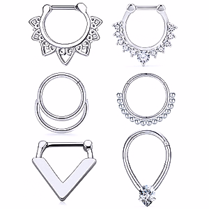 Dyknasz Septum Jewelry 16G Surgical Steel Nose Rings Hoop Septum Clicker Ring with Clear Diamond CZ Cartilage Helix Daith Earring Piercing Jewelry for Women Men 10mm (3/8")