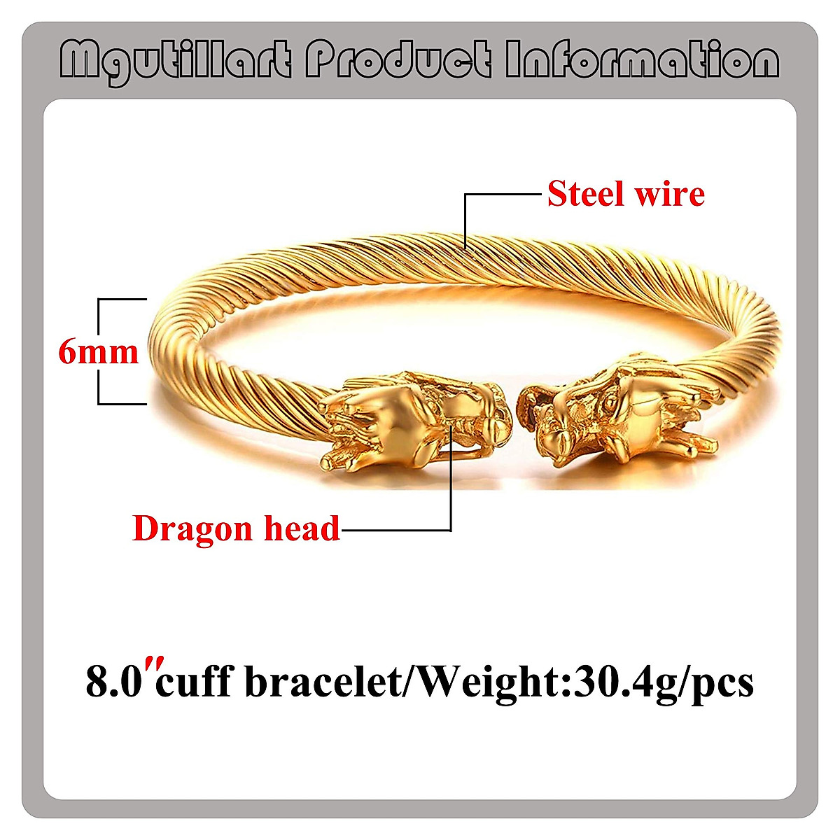 Mgutillart Punk Rock Titanium Steel Animal Dragon Head Cuff Bracelet
