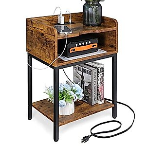 Nightstand with Charging Station, Side Table End Table with USB Ports and Power Outlets, Modern Bedside Night Stand for Bedroom, Living Room, Retro Brown 1-Pack