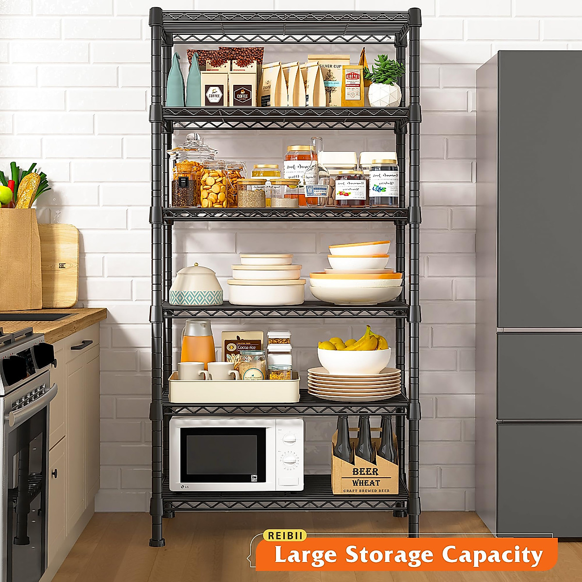 REIBII 6-tire Wire Shelving Rack,Storage Shelves Metal Shelves for Storage Load 1000 LBS,Heavy Duty Shelving Unit with Wire Shelf Adjustable Pantry Shelf Bathroom Kitchen Garage Black 24" Wx14 Dx71 H