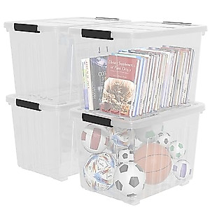Sosody 70L Large Plastic Storage Box, Clear Latching Bin with Lid and Wheels, 4 Packs