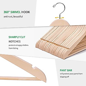 Nature Smile 20 Pack Premium Adult Unfinished Natural Solid Wooden Clothes Hangers Wood Suit Coat Jacket Hanger with Extra Smoothly Cut Notches and Bar - 360°Stronger Rotatable Hook