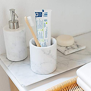 JIMEI Natural Marble Pencil Pen Holder Stand for Desk, Makeup Brush Cup for Girls, Bathroom Tumbler Cup, Durable Office & Home Organizer Pencil Holder (White)