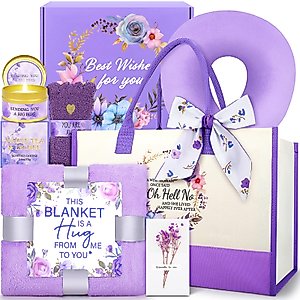 Birthday Gifts for Women -Purple Happy Birthday Gift Basket for Mom, Wife, Girlfriend, Sister, Her, Pillow/Blanket/Tote Bag/Self Care Package Get Well Soon Baskets for Women