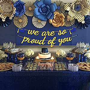 Blue We Are So Proud of You Banner Congratulations Grad Cap Gold Glitter Class of Garland Congrats Sign Party Decoration